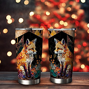 20oz Yellow Citrine Stained Glass Crystal Mosaic Fox Tumbler, Gifts for Fox Lovers, Coffee Thermos for Women, Stainless Steel Double Wall Vacuum Insulated Coffee Mug, Travel Cup with Lid