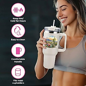 40 Oz Insulated Tumbler with Handle and Straw,Tropical Cactus Flower Mountain Stainless Steel Vacuum Insulated Travel Mug,Leak-proof Water Bottle Iced Coffee Cup,Desert Plant