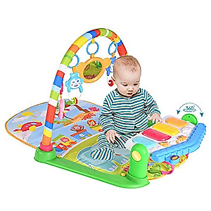 Baby Gym Play Mats with Kick And Play Piano Gym Mat, Baby Jungle Gym Activity Mat with 5 Colorful Infant Toys, Activity Center with Lights Music Mirror for Tummy Time Shower Gifts Baby Toys 3-6 Months