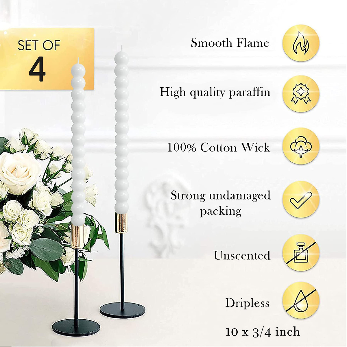 MAITREYA White Taper Candles Conical Stick Candles Spiral Taper Candles-Set of 4 for Decoration Weddings Party Church-Unscented Dripless Candles,10inch(D-White)