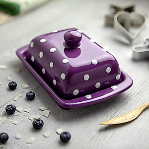Handmade Ceramic European Covered Butter Dish With Lid | Unique Purple and White Polka Dot Pottery Butter Keeper | Housewarming Gift by City to Cottage®