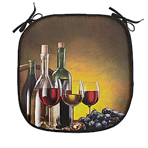 Lunarable Wine Chair Cushion Pads Set of 4, Grapes Wine Bottles and Glasses Picture Printed Art Romantic Drink Gourmet, Anti-Slip Seat Padding for Kitchen & Patio, 16"x16", Fawn and Yellow