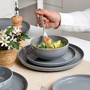 12 Pcs Melamine Dinnerware Sets, Plates and Bowls Sets, Dishes Set for 4, Melamine Plates, Outdoor Dinnerware Set, Lightweight, Unbreakable, Dishwasher Safe,BPA Free (Grey）