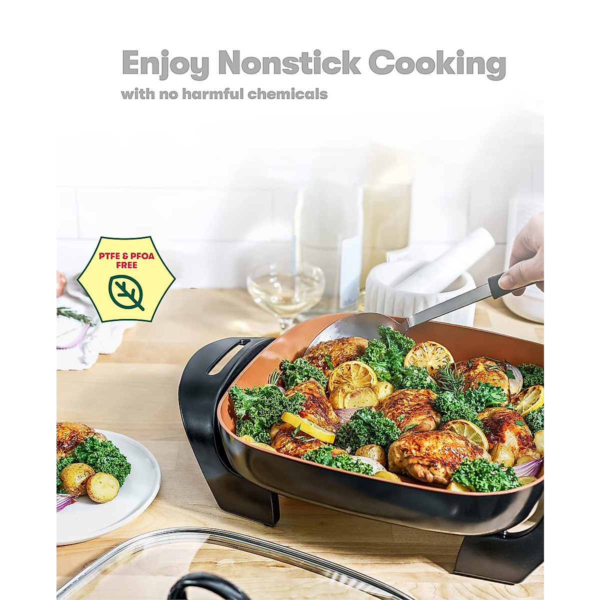 Ceramic Nonstick Electric Skillet - for Roast Fry Steam - Serves 4 to 6 People (12"x12")