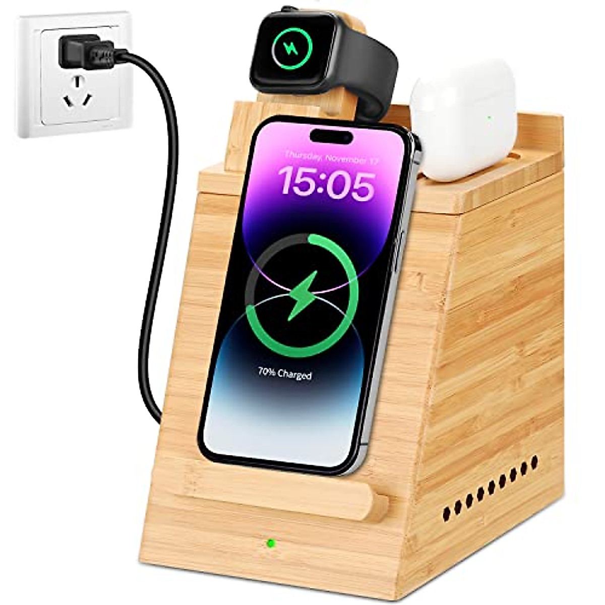 Bamboo Wireless Charging Station for iPhone, OthoKing 3 in 1 Wood Charging Docking & Organizer for iWatch/AirPods, Wireless Charging Stand for iPhone 14/13/12/11/Pro/Max/XS/Max/XR/XS/X-Orange