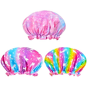 Shower Cap for Kids, 3 Pcs Kids Shower Caps for Girls, Cute Rainbow Hair Cap Wide Elastic Band, Plastic Reusable Waterproof Toddler Shower Cap, Large Bath Cap for Kids Girls Women (Unicorn)