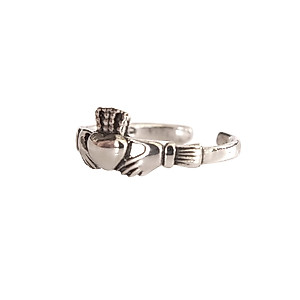 Handmade Silver Irish Claddagh Toe Ring, 925 Sterling Silver, Adjustable, Non Tarnish, Engagement, Crown Heart, Open Toe, Pinky, or Knuckle Rings for Women (Silver-Claddagh (077))