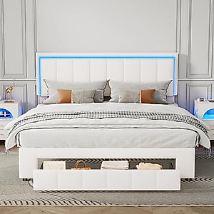 Modern Queen Size Upholstered Platform Bed with LED Lights and 2 Motion Activated Night Lights, PU Leather Platform Bed Frame Mattress Foundation with Storage Drawer for Bedroom Guest Room (White-A4)