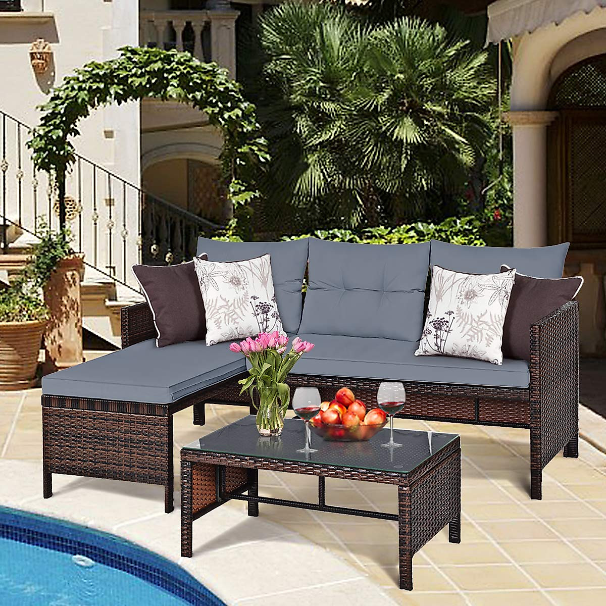 RELAX4LIFE 3-Piece Patio Furniture Set, Outdoor Wicker Sectional Sofa Set w/Washable Cushion, Tempered Glass Coffee Table, Rattan Conversation Set Outdoor Couch for Garden Backyard Deck (Grey)