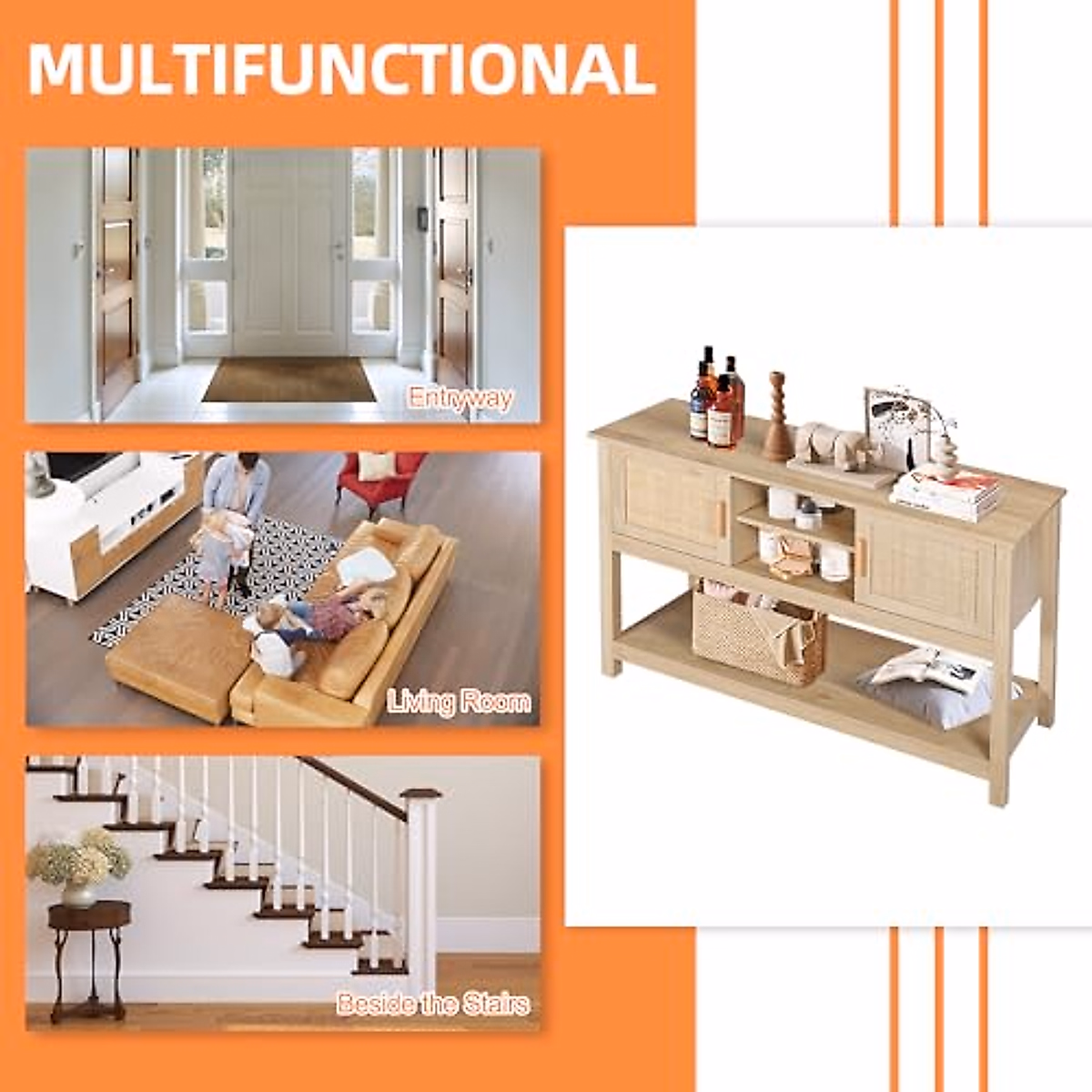 LAZZO Rattan Console Table 47" Narrow Entryway Table Sofa Table Behind Couch Table Coffee Bar with 2 Door Cabinets, 2 Drawers and Open Storage Shelf for Living Room, Foyer and Hallway Natural Wood