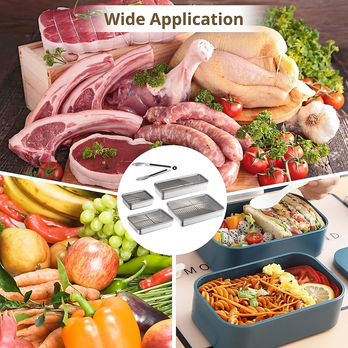 OMISTAR 6PCS Bacon Cheese Containers, 4 Sizes Stainless Steel Airtight Meat Containers, Dishwasher Safe Fridge Storage Containers for Fruit Lunch Storage with Lids Tongs