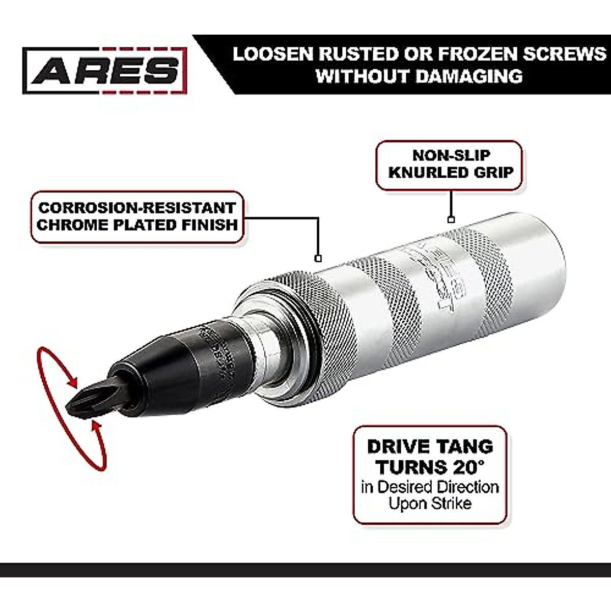 ARES 70006-3/8-Inch Drive Manual Reversible Impact Driver - Flathead 5/16-Inch, 3/8-Inch, and Phillips 2, 3 Bits Cover Most Common Applications - Disengage Rusted Fasteners or Frozen Bolts