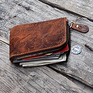 JJNUSA Genuine Leather Zipper Coin Purse Wallet With Key Car Smart Holder, Change Purse, Coin Pouch Holder For Men (Flower brown)