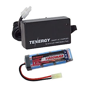 Tenergy Airsoft Battery 8.4V 1600mAh NiMH Flat Battery Pack w/Mini Tamiya Connector for Airsoft Gun + 8.4V-9.6V NiMH Battery Charger w/Mini Tamiya Connector and Standard Tamiya Adapter