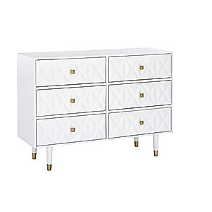Linon Home Décor Sheerah Six Drawer Geo Texture White Dresser, Gold
