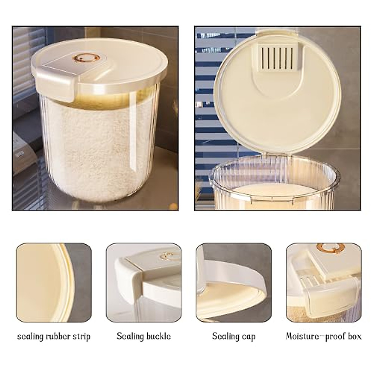 PENCK 20bl Flour Storage Container Airtight Rice Holder Dispenser Plastic Food Bin Cereal Grain Organizer Box with Locking Lid & Measuring Cup, 5-10kg Capacity, Cream