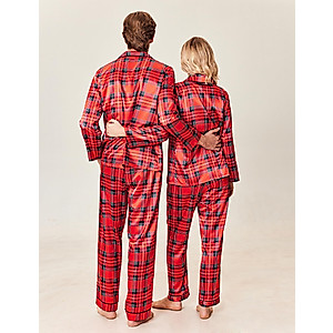 Ekouaer Matching Christmas Pajamas for Couples Silky Soft Sleepwear Winter Long Sleeve Button Up Two Piece Pjs,Christmas Red Plaid,M