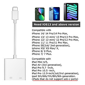 USB Camera Adapter for iPhone, USB A Female OTG Cable Adapter with Charging Port, Portable USB Converter for iPad Support USB Flash Drive, USB Card Reader, Keyboard...(Plug and Play)