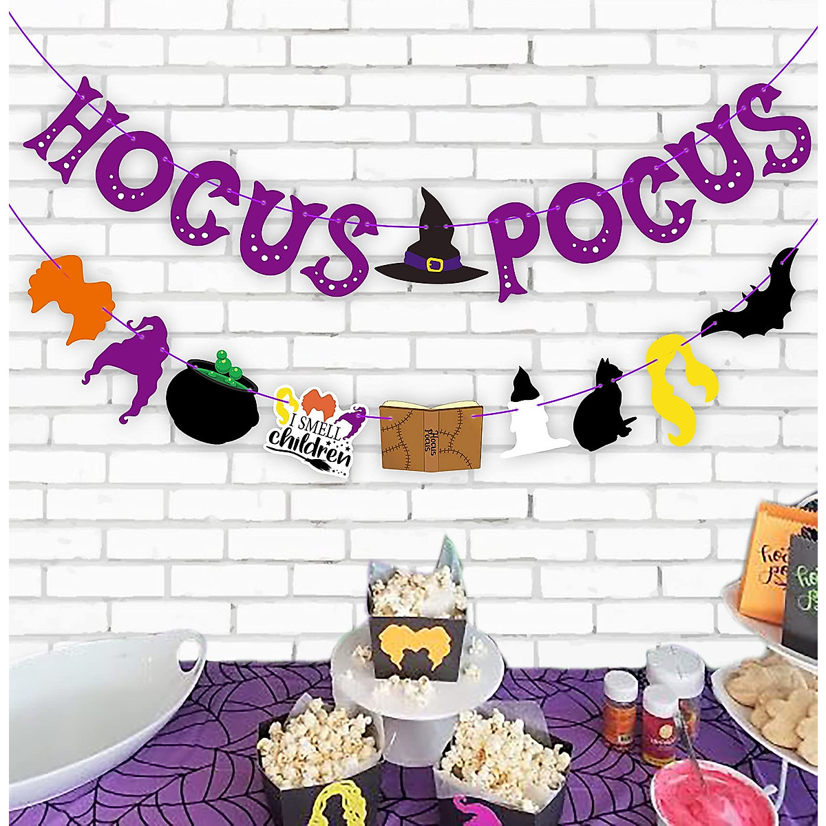 Joy Bang Halloween Hocus Pocus Decoration, Hocus Pocus Theme Banner Spell Book Cat Witch Hats, Witches Stisters Banner Wall Decor for Home Classroom Office, Party Supplies for Kids Adults