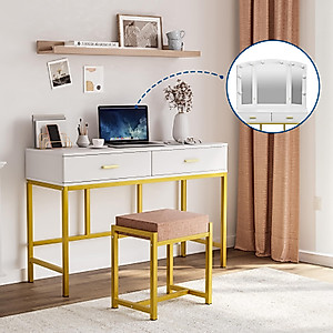 Semiocthome White Makeup Vanity Desk with Mirror and Lights, Make Up Vanity with Power Strip, 39.4" W Vanity Table with 2 Drawers and Stool for Girls, Vanity Set with Gold Metal Frame for Bedroom