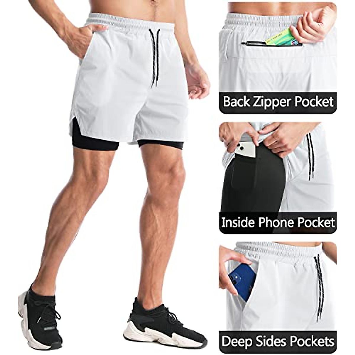 Aolesy Men’s 2 in 1 Running Shorts 5 Inch Workout Gym Athletic Shorts for Men Quick Dry Lightweight Training Shorts with Pockets White