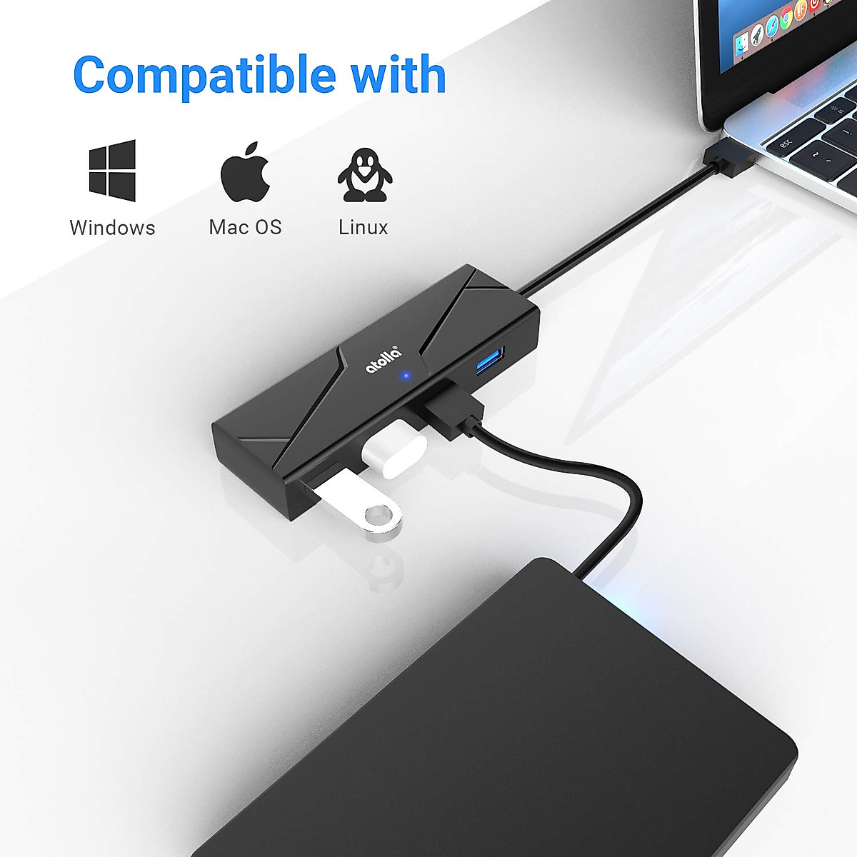 USB Hub, atolla 4-Port USB Splitter with Cable Fitting Slot & LED Indicator, Ultra-Slim USB 3.0 Hub for MacBook Air 2015/2016/2017, Mac Pro/Mini, iMac, Surface Pro, XPS, PC