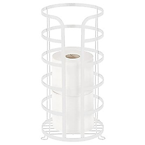 mDesign Decorative Metal Free Standing Toilet Paper Holder Stand with Storage for 3 Rolls of Toilet Tissue - for Bathroom/Powder Room - Holds Mega Rolls - White