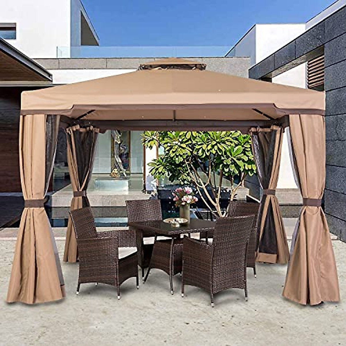 Skiway 10'x 10' Patio Gazebo Canopy Outdoor Tent Shelter with Double Square Tops, Shade Curtains and Mosquito Netting -Brown, Front Porch