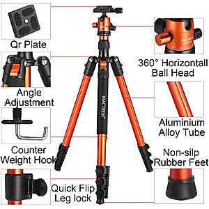 MACTREM 67" Camera Tripod, DSLR Tripod Heavy Duty for Travel, 360 ° Ball Head Professional Aluminum Tripod & Monopod with Carry Bag Compatible with Canon Nikon Binoculars Laser Telescope (Yellow)