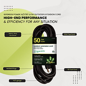 Go Green Power Inc. 14/3 50ft Black Outdoor Extension Cord - Robust, Heavy Duty - Perfect for Outdoor Tools & Equipment - GG-13850BK