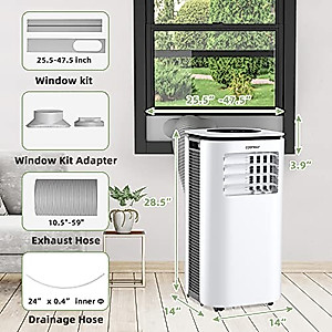 COSTWAY Portable Air Conditioner, 9000BTU Personal Air Conditioner with 2 Wind Speeds, Remote Control, 24H Timer, Window Kit, 350 sq.ft, Smart Portable AC Unit with Sleep Mode, Suitable for Home & Office Use, Energy-saving, White
