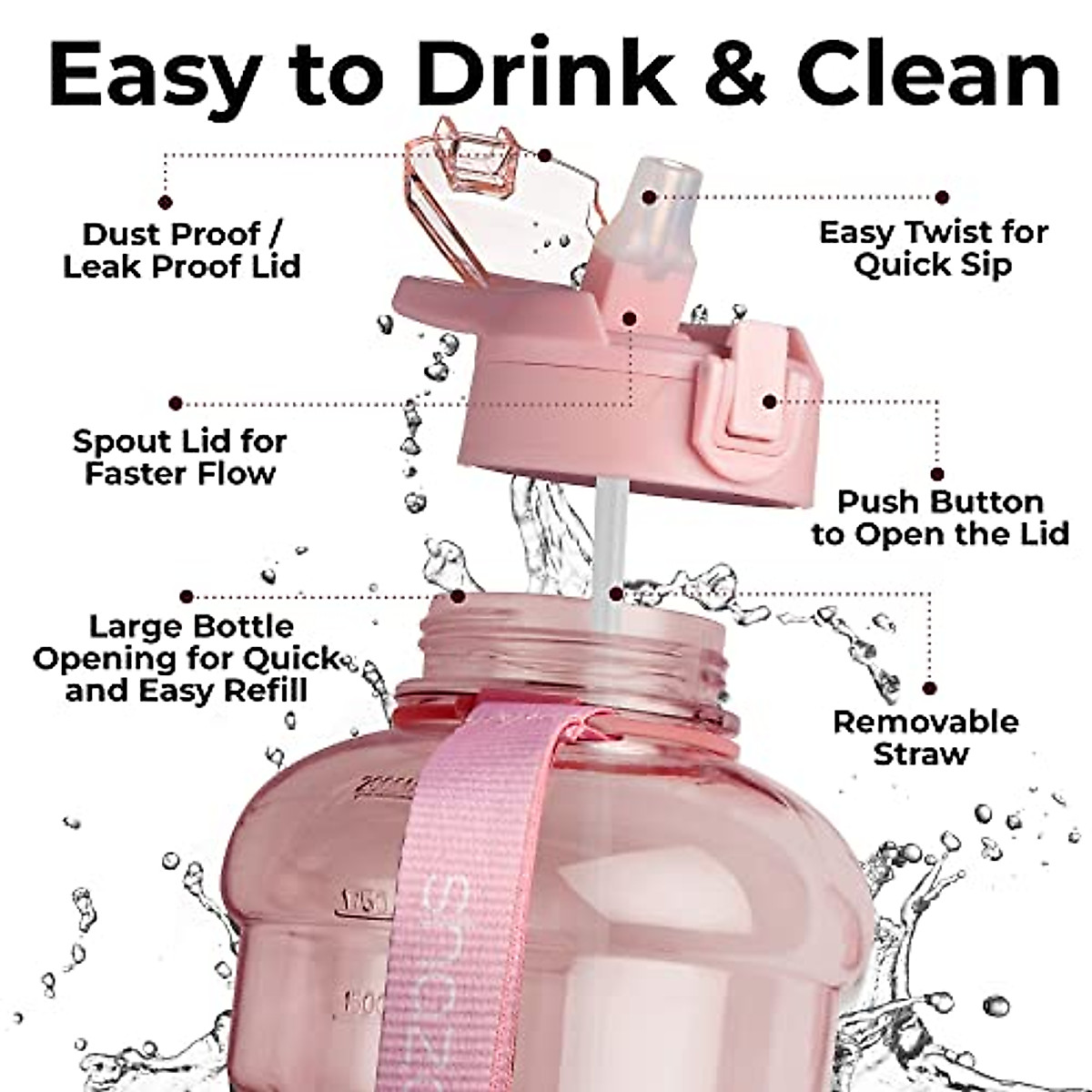 Half Gallon 2.2L Water Bottle With Straw 74oz Large Gym Water Bottle With Storage Sleeve, Bottle Brush, BuiltIn Wallet, Pockets for Phone & AirPod, BPA Free Big Sports Water Jug w/Carry Handle, Pink