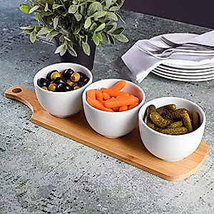 Gibson Home Gracious Dining Dinnerware, 3pc Tidbit Bowl Set w/Bamboo Tray, White, 3-Piece Tidbit Bowl w/Bamboo Tray