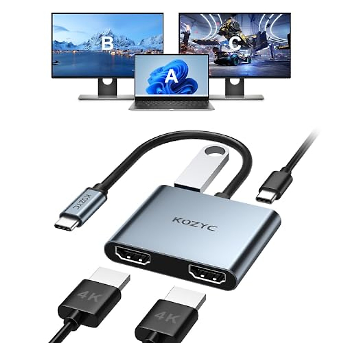 USB C to Dual HDMI Adapter 4K@30Hz, KOZYC USB C Hub Multiport Adapter with 2xHDMI, USB 3.0, 100W PD, Support USB C to HDMI Splitter Extended Display for MacBook Pro (MST is not Supported on MacOS)