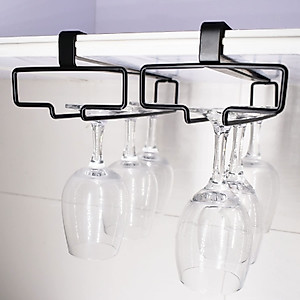 Vanktion Shelf Wine Glass Holder Hanging Wine Stemware Rack Under Cabinet Glasses Hanging Organizer for Bookshelf Open Pantry Kitchen Cabinets No Drill Easy to Install (Black, 2)