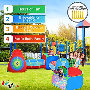Hide N Side 5pc Kids Ball Pit Tents and Tunnels, Toddler Jungle Gym Play Tent with Play Crawl Tunnel Toy, for Boys Babies Infants Children, Indoor Outdoor Gift, Target Game w/ 4 Dart Balls