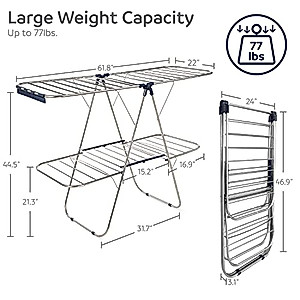 Foldable Premium Clothes Drying Rack, Large 2- Layer Stainless Steel Drying Rack for Sheets, Towels & Clothing Including 33 Hanging Rails, Height Adjustable and 32 Clips for Socks & Underwear - Blue