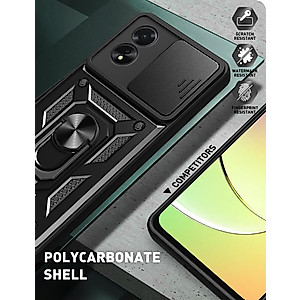 CNPUTAO Case for Oppo A78 4G with Tempered Glass Screen Protector [2 Pack],Sliding Camera Window, Kickstand, Shock-Proof Anti-Scratch Dual-Layer Phone Cover, Black