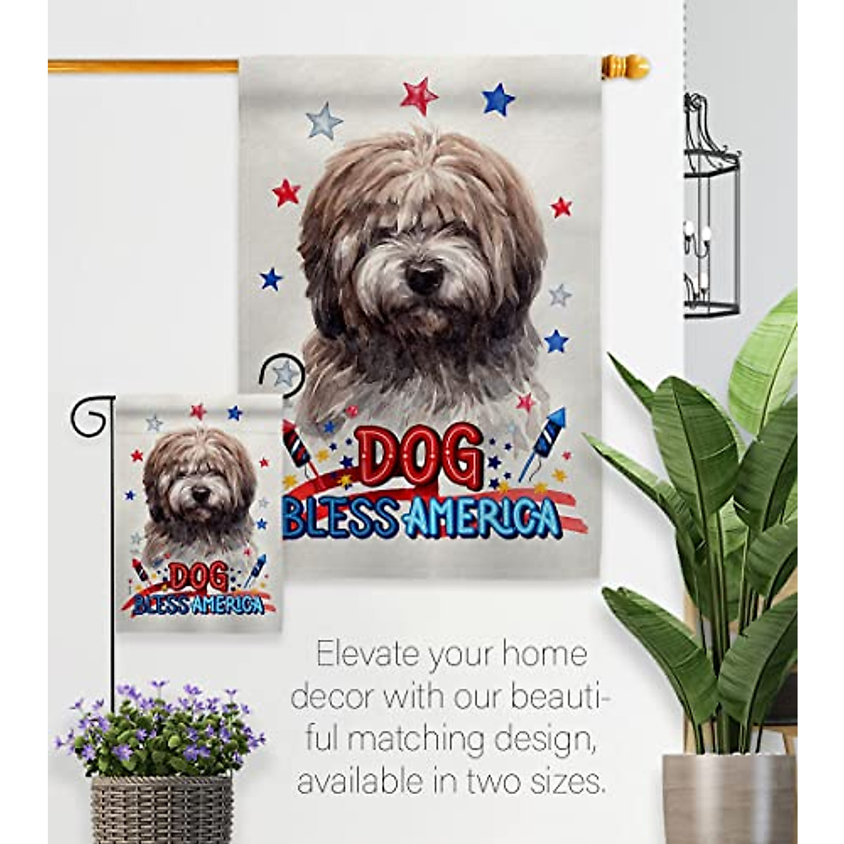 Breeze Decor Patriotic Brindle Tibetan Terrier Garden Flag-Set Wood Dowel Dog Puppy Spoiled Paw Canine Fur Pet Nature Farm Animal Creature House Banner Small Yard Gift Double-Sided, Made in USA