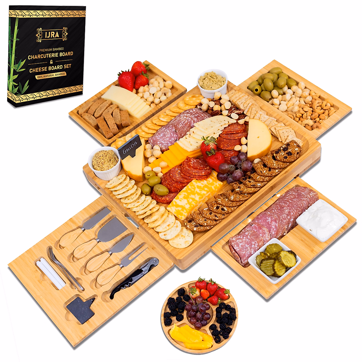 IJRA Premium Bamboo Charcuterie Board Set: 100 Percent Natural Serving Platter with Stainless Steel Cutlery, Ideal for Entertaining, Parties, and Gifts