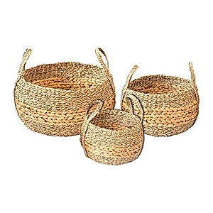 LiLaCraft Set 3 Natural Woven Storage Basket for Organizing, Wicker Baskets, Braided Seagrass Storage Baskets for Laundry, Bedroom, Living Room, Office - Set 3 Different Sizes Stackable Natural Bins
