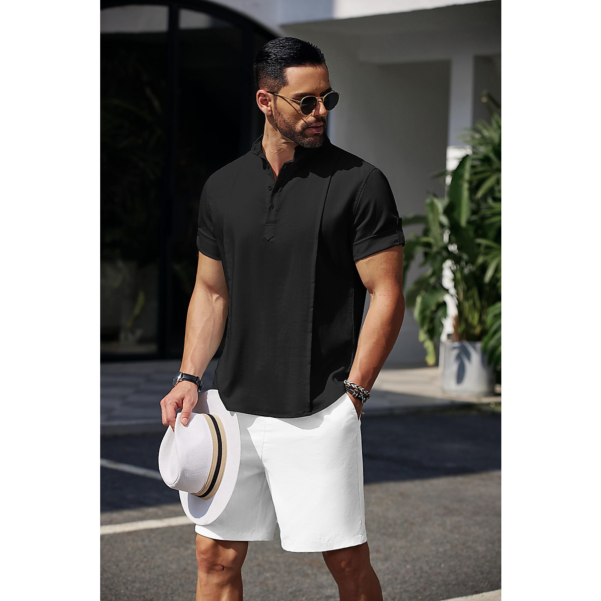 COOFANDY Men's Henley T-Shirts Short Sleeve Casual Band Collar Black Shirts Fashion Linen Tee Summer Beach Hippie Party Wear