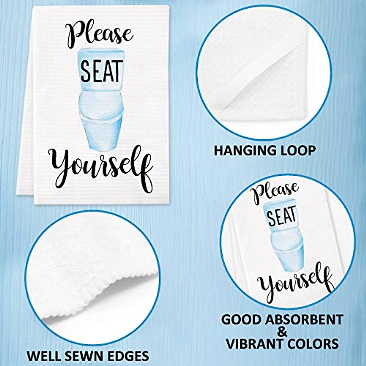 Vansolinne Funny Bathroom Hand Towels with Hanging Loop (4 Packs), 24''x18'' Absorbent Waffle Weave Towels with Humorous Words & Pattern, Cool Guest Hand Towels Funny Bath Decor Nice Bathroom Gifts