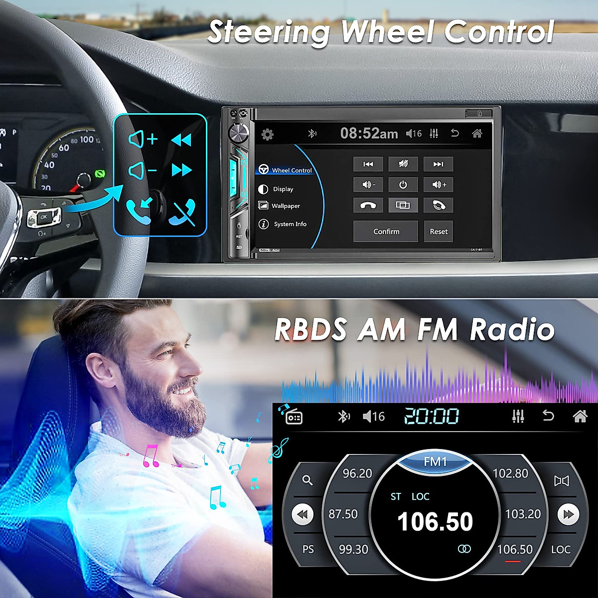 Double Din Bluetooth Car Stereo: 7 Inch LCD Touchscreen Car Audio Receiver - Mirrorlink MP5 Car Radio with AM FM RBDS Backup Camera USB SD AUX Subwoofer Phone Charge