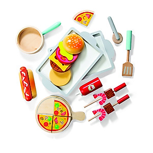 Svan Food Truck Wooden Playset, 20 Fun Toy Pieces Including Cook Top, Steering Wheel, Sticker Sheet for Kids Name, includes Food Tray, Pizza Slices & More, Dual Sided Play Stand for Indoor Fun