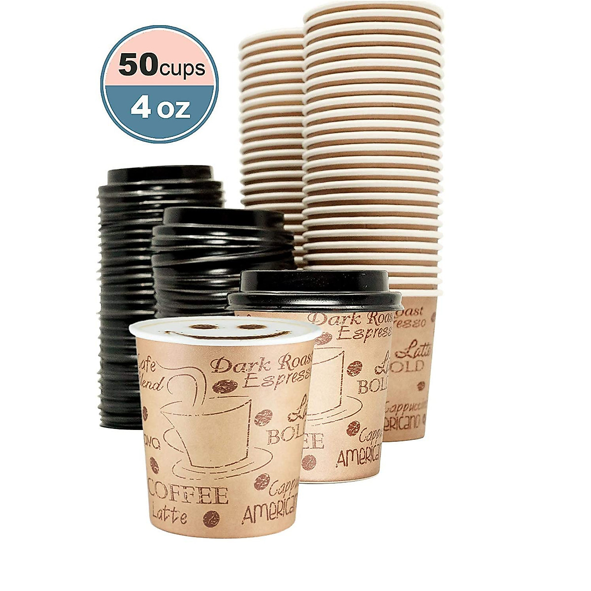 ECODESIGN-US 4 Ounce Disposable Espresso Paper Cups with Black Lids - 50 Sets - Print - Small Portion Sample Shots (50, print)