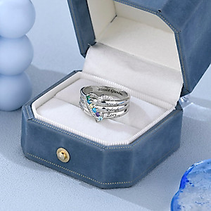Her Gift Personalized Mother Rings with 1-8 Birthstones Heart Family Ring Custom Engraved Name Ring for Mom Women Grandma Wife (7 Names & Birthstones)