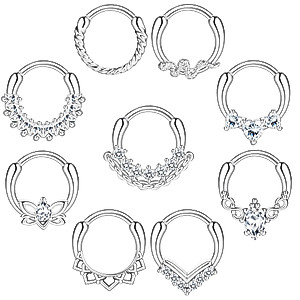 Ubjuliwa 9pcs Septum Rings Jewelry 16g Daith Earrings Hinged Hoop Nose Rings Septum Clicker CZ Stainless Steel Cartilage Earring Helix Tragus Daith Piercing Jewelry for Women