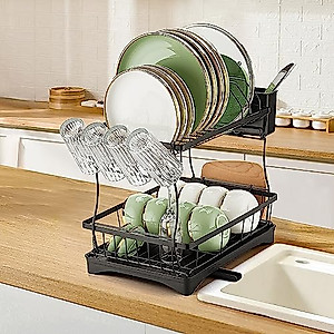 Dish Drying Rack, 2 Tier Dish Racks for Kitchen Counter, Dish Drainer Dish Rack with Pots & Pans Holder, Large Dish Drying Rack with Drainboard Utensil Holder Cup Holder Cutting Board Holder - Black