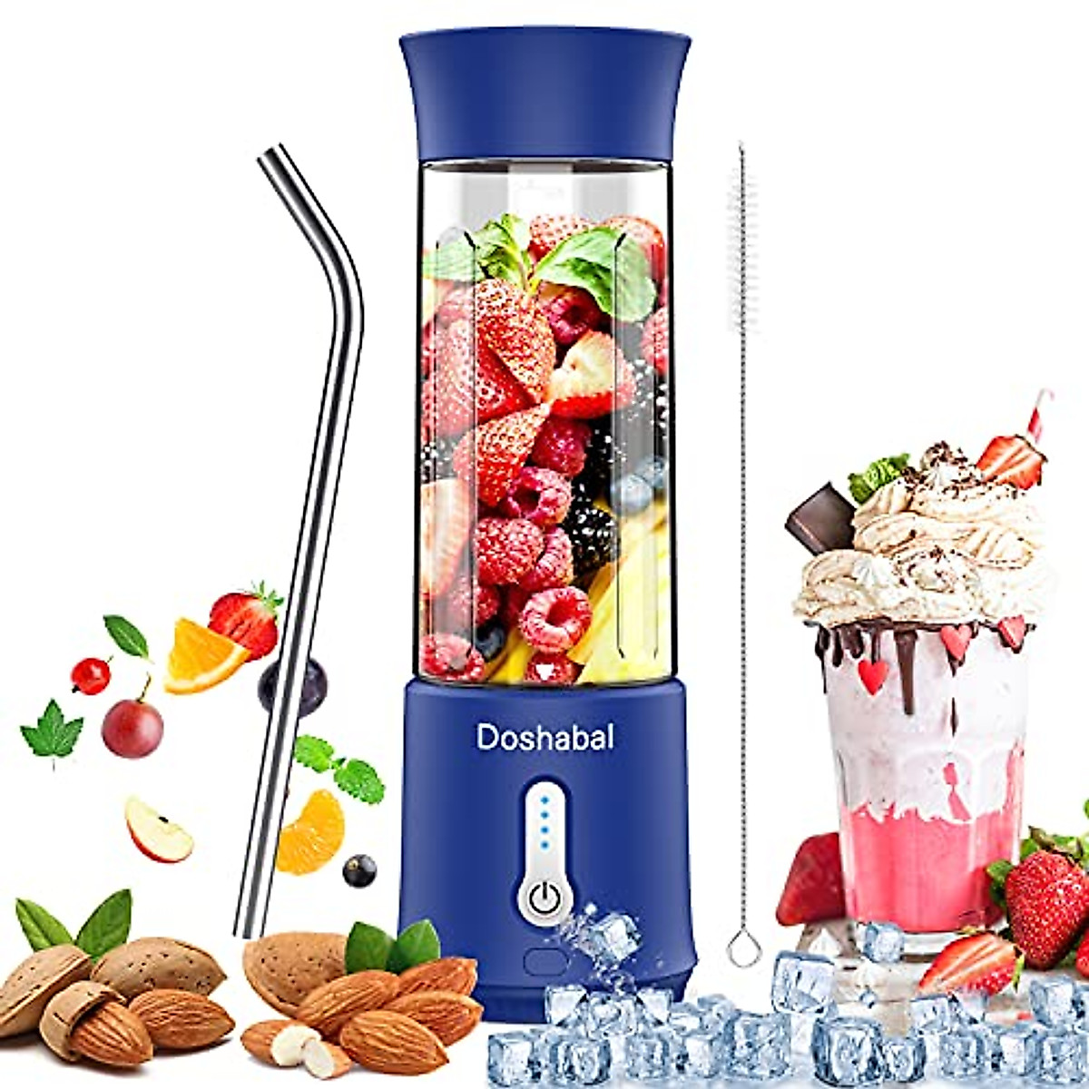 Doshabal Personal Blender, Portable Smoothie Blender on the go, Powerful Blender 18oz Navy Blue